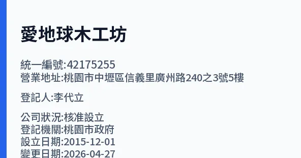 愛地球木工坊的照片-統編 42175255(桃園市) 公司登記資料與營業項目詳細圖表