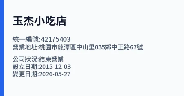 玉杰小吃店的照片-統編 42175403(桃園市) 公司登記資料與營業項目詳細圖表
