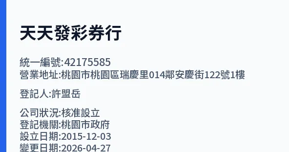 天天發彩券行的照片-統編 42175585(桃園市) 公司登記資料與營業項目詳細圖表