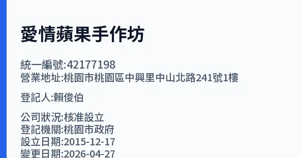 愛情蘋果手作坊的照片-統編 42177198(桃園市) 公司登記資料與營業項目詳細圖表