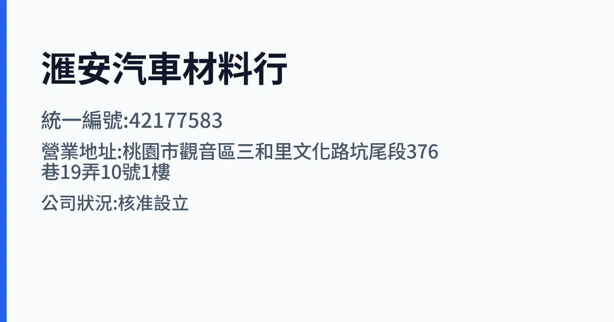 滙安汽車材料行 - 統編 42177583(桃園市) 公司登記資料與營業項目詳細圖表