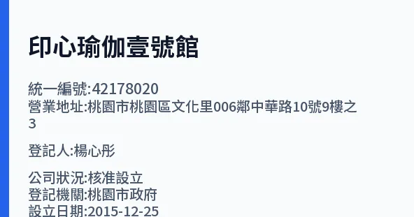 印心瑜伽壹號館的照片-統編 42178020(桃園市) 公司登記資料與營業項目詳細圖表