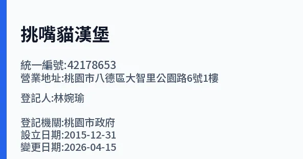 挑嘴貓漢堡的照片-統編 42178653(桃園市) 公司登記資料與營業項目詳細圖表