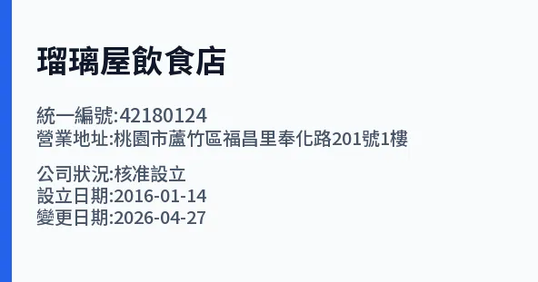 瑠璃屋飲食店的照片-統編 42180124(桃園市) 公司登記資料與營業項目詳細圖表