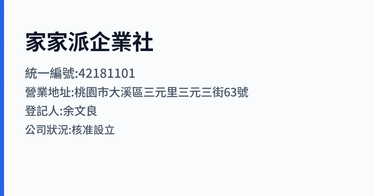 家家派企業社 - 統編 42181101(桃園市) 公司登記資料與營業項目詳細圖表