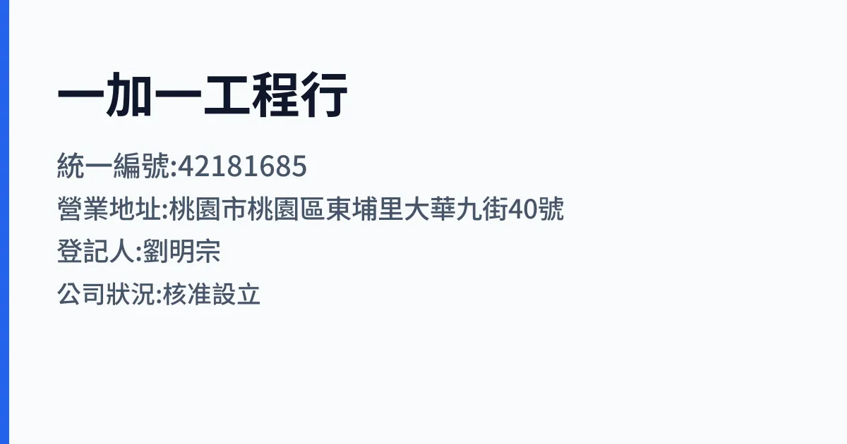一加一工程行 - 統編 42181685(桃園市) 公司登記資料與營業項目詳細圖表