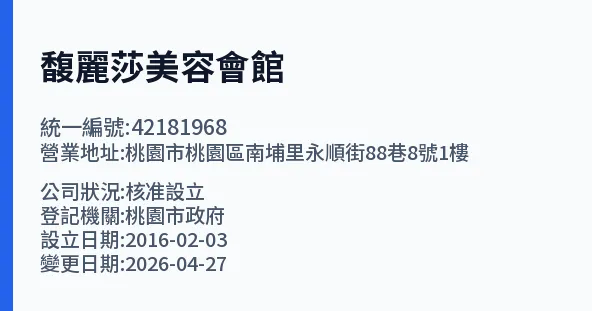 馥麗莎美容會館的照片-統編 42181968(桃園市) 公司登記資料與營業項目詳細圖表