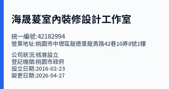 海晟萲室內裝修設計工作室的照片-統編 42182994(桃園市) 公司登記資料與營業項目詳細圖表