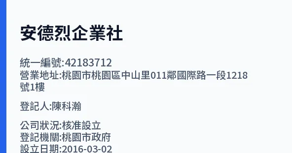安德烈企業社的照片-統編 42183712(桃園市) 公司登記資料與營業項目詳細圖表
