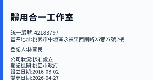 體用合一工作室的照片-統編 42183797(桃園市) 公司登記資料與營業項目詳細圖表