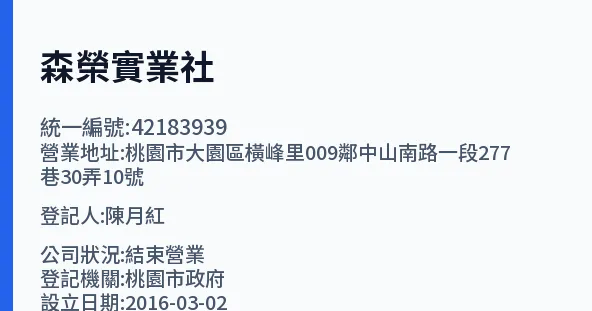 森榮實業社的照片-統編 42183939(桃園市) 公司登記資料與營業項目詳細圖表