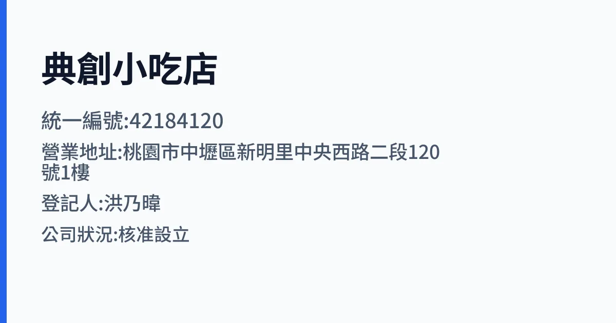 典創小吃店 - 統編 42184120(桃園市) 公司登記資料與營業項目詳細圖表