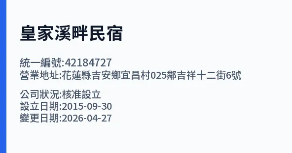 皇家溪畔民宿的照片-統編 42184727(花蓮縣) 公司登記資料與營業項目詳細圖表