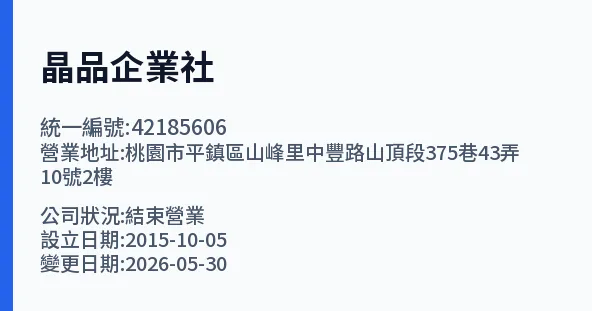 晶品企業社的照片-統編 42185606(桃園市) 公司登記資料與營業項目詳細圖表