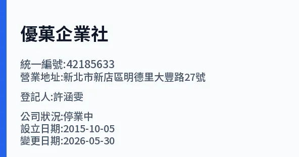 優菓企業社的照片-統編 42185633(新北市) 公司登記資料與營業項目詳細圖表