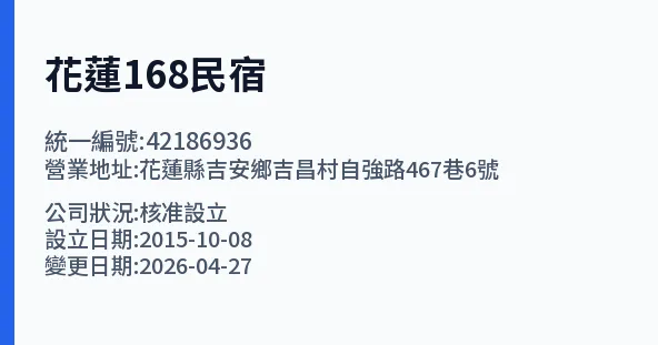 花蓮168民宿的照片-統編 42186936(花蓮縣) 公司登記資料與營業項目詳細圖表