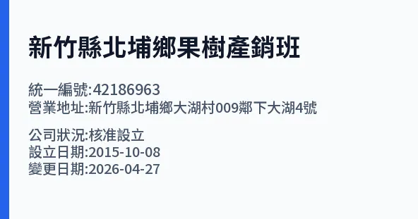 新竹縣北埔鄉果樹產銷班的照片-統編 42186963(新竹縣) 公司登記資料與營業項目詳細圖表