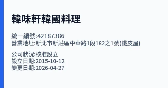 韓味軒韓國料理的照片-統編 42187386(新北市) 公司登記資料與營業項目詳細圖表