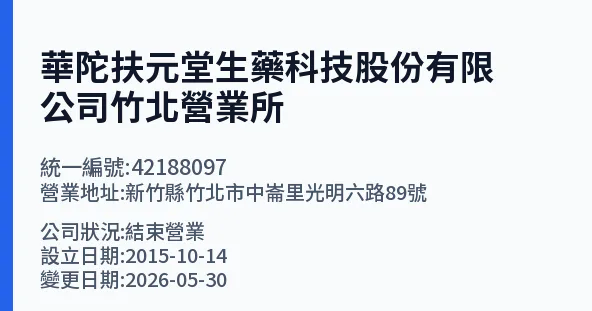 華陀扶元堂生藥科技股份有限公司竹北營業所的照片-統編 42188097(新竹縣) 公司登記資料與營業項目詳細圖表