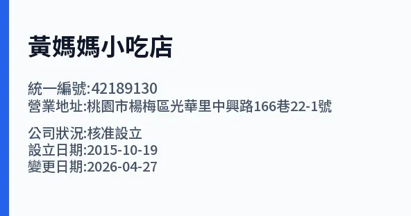 黃媽媽小吃店的照片-統編 42189130(桃園市) 公司登記資料與營業項目詳細圖表