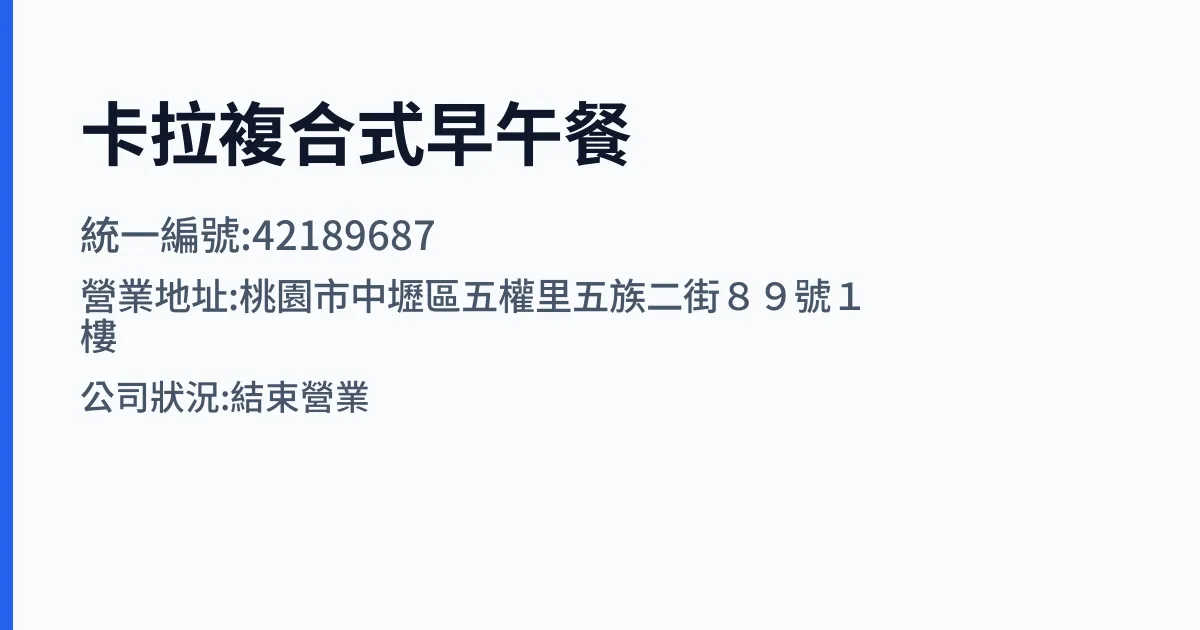 卡拉複合式早午餐 - 統編 42189687(桃園市) 公司登記資料與營業項目詳細圖表