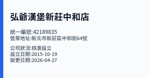 弘爺漢堡新莊中和店的照片-統編 42189835(新北市) 公司登記資料與營業項目詳細圖表