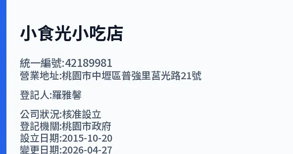 小食光小吃店的照片-統編 42189981(桃園市) 公司登記資料與營業項目詳細圖表
