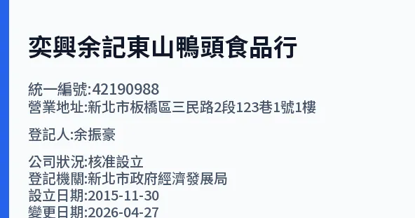 奕興余記東山鴨頭食品行的照片-統編 42190988(新北市) 公司登記資料與營業項目詳細圖表