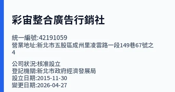 彩宙整合廣告行銷社的照片-統編 42191059(新北市) 公司登記資料與營業項目詳細圖表
