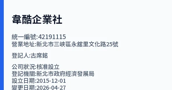 韋酷企業社的照片-統編 42191115(新北市) 公司登記資料與營業項目詳細圖表
