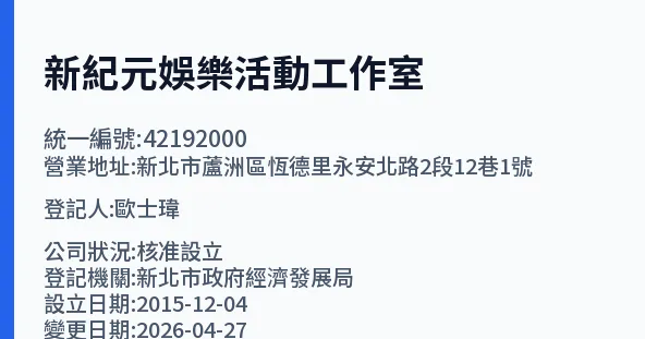 新紀元娛樂活動工作室的照片-統編 42192000(新北市) 公司登記資料與營業項目詳細圖表