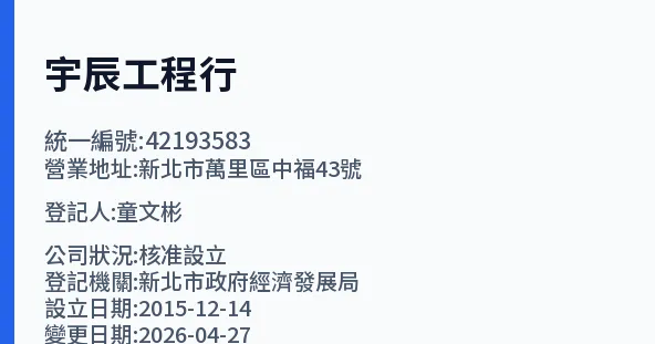 宇辰工程行的照片-統編 42193583(新北市) 公司登記資料與營業項目詳細圖表