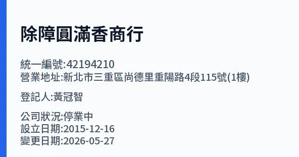 除障圓滿香商行的照片-統編 42194210(新北市) 公司登記資料與營業項目詳細圖表