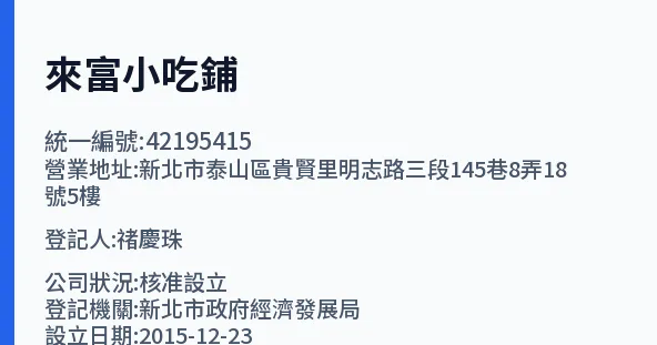 來富小吃鋪的照片-統編 42195415(新北市) 公司登記資料與營業項目詳細圖表