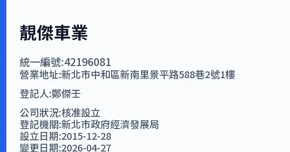 靚傑車業的照片-統編 42196081(新北市) 公司登記資料與營業項目詳細圖表