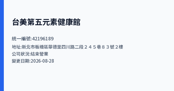 台美第五元素健康館的照片-統編 42196189(新北市) 公司登記資料與營業項目詳細圖表