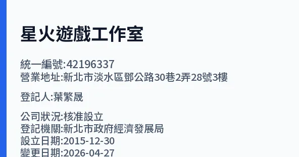 星火遊戲工作室的照片-統編 42196337(新北市) 公司登記資料與營業項目詳細圖表