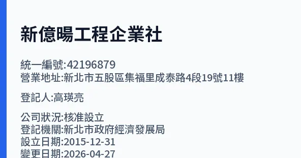 新億暘工程企業社的照片-統編 42196879(新北市) 公司登記資料與營業項目詳細圖表