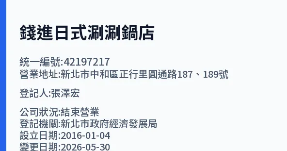 錢進日式涮涮鍋店的照片-統編 42197217(新北市) 公司登記資料與營業項目詳細圖表