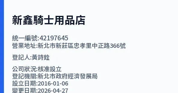 新鑫騎士用品店的照片-統編 42197645(新北市) 公司登記資料與營業項目詳細圖表