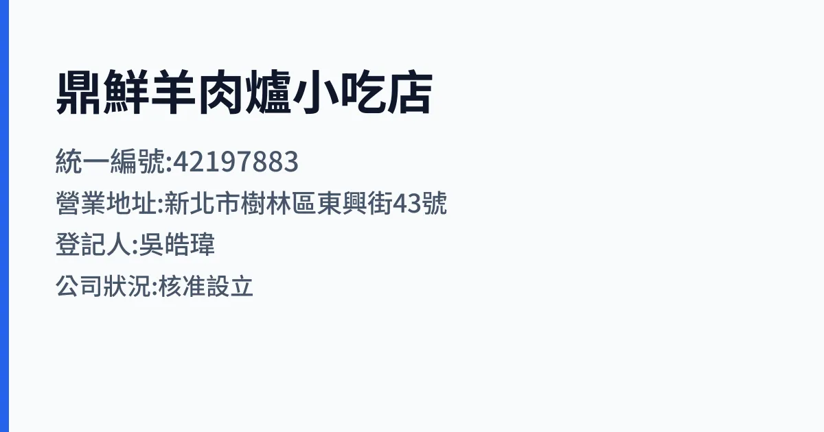 鼎鮮羊肉爐小吃店 - 統編 42197883(新北市) 公司登記資料與營業項目詳細圖表