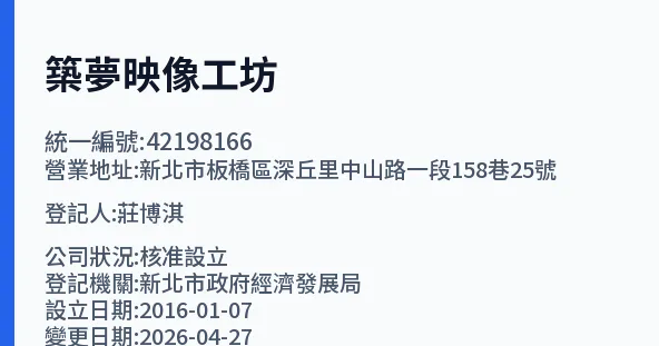 築夢映像工坊的照片-統編 42198166(新北市) 公司登記資料與營業項目詳細圖表