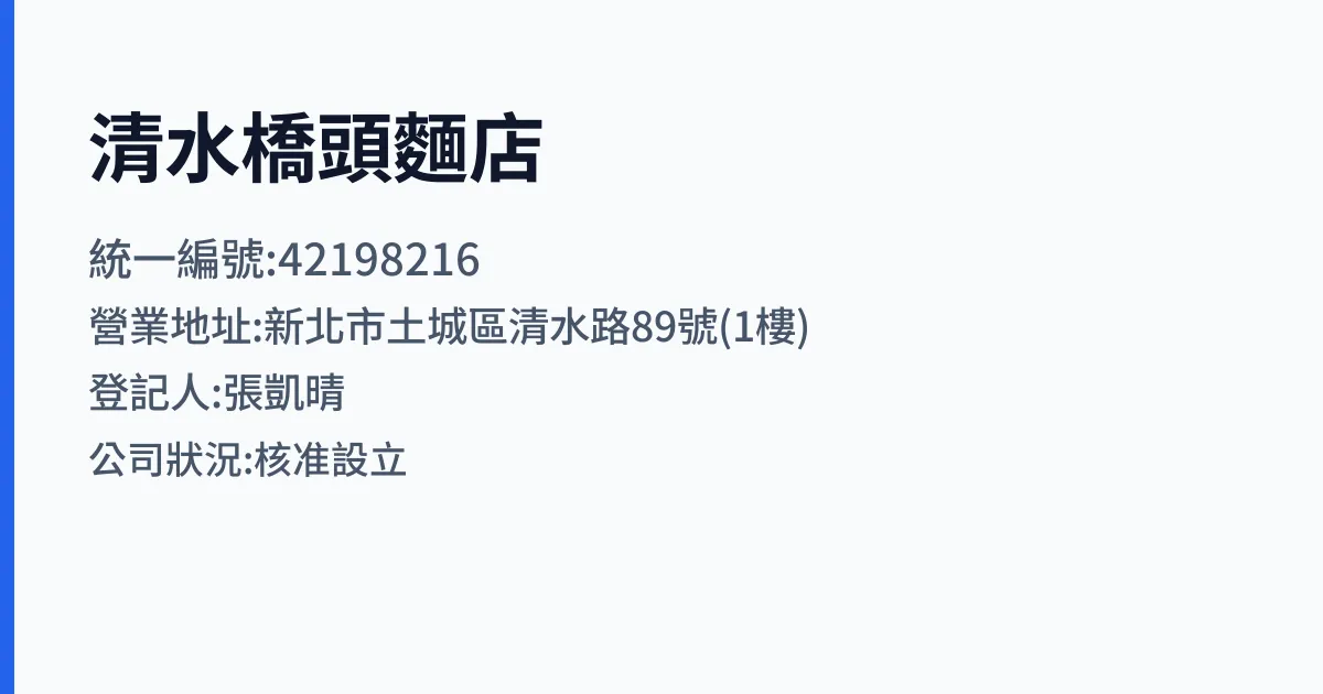 清水橋頭麵店 - 統編 42198216(新北市) 公司登記資料與營業項目詳細圖表