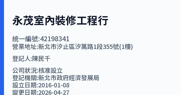 永茂室內裝修工程行的照片-統編 42198341(新北市) 公司登記資料與營業項目詳細圖表