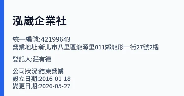 泓崴企業社的照片-統編 42199643(新北市) 公司登記資料與營業項目詳細圖表