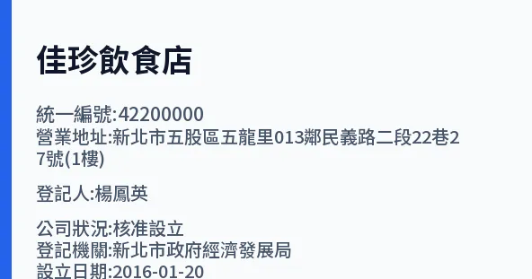 佳珍飲食店的照片-統編 42200000(新北市) 公司登記資料與營業項目詳細圖表