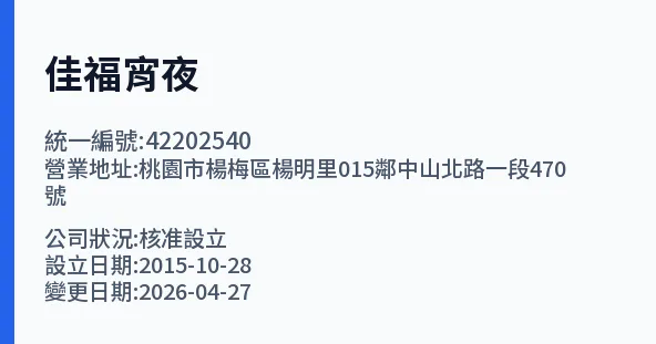 佳福宵夜的照片-統編 42202540(桃園市) 公司登記資料與營業項目詳細圖表