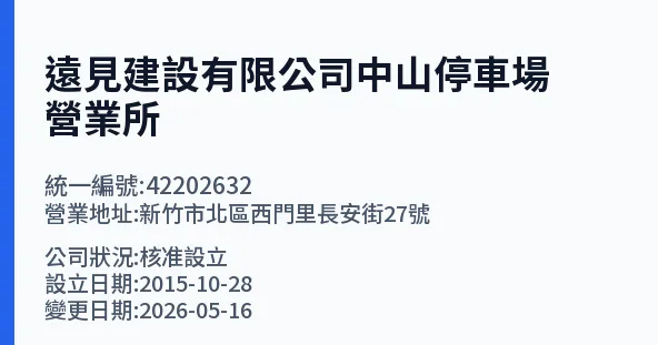 遠見建設有限公司中山停車場營業所的照片-統編 42202632(新竹市) 公司登記資料與營業項目詳細圖表