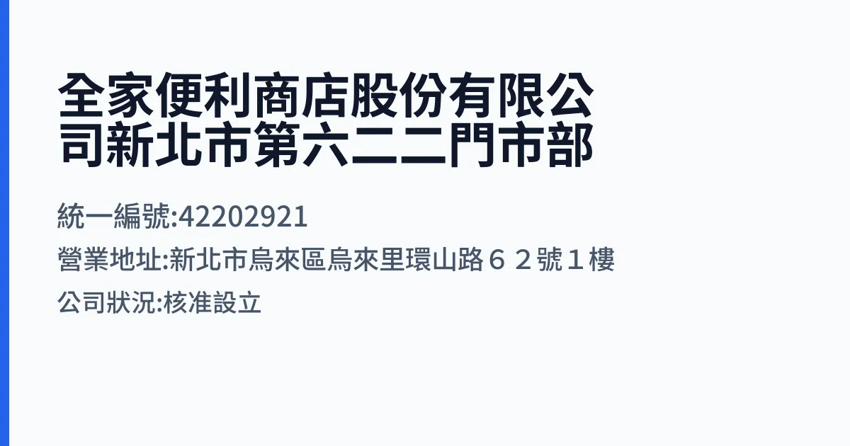 全家便利商店股份有限公司新北市第六二二門市部 - 統編 42202921(新北市) 公司登記資料與營業項目詳細圖表