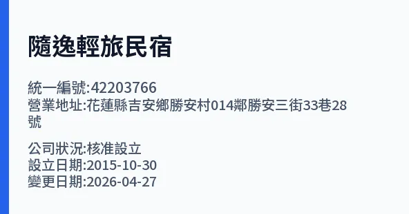 隨逸輕旅民宿的照片-統編 42203766(花蓮縣) 公司登記資料與營業項目詳細圖表